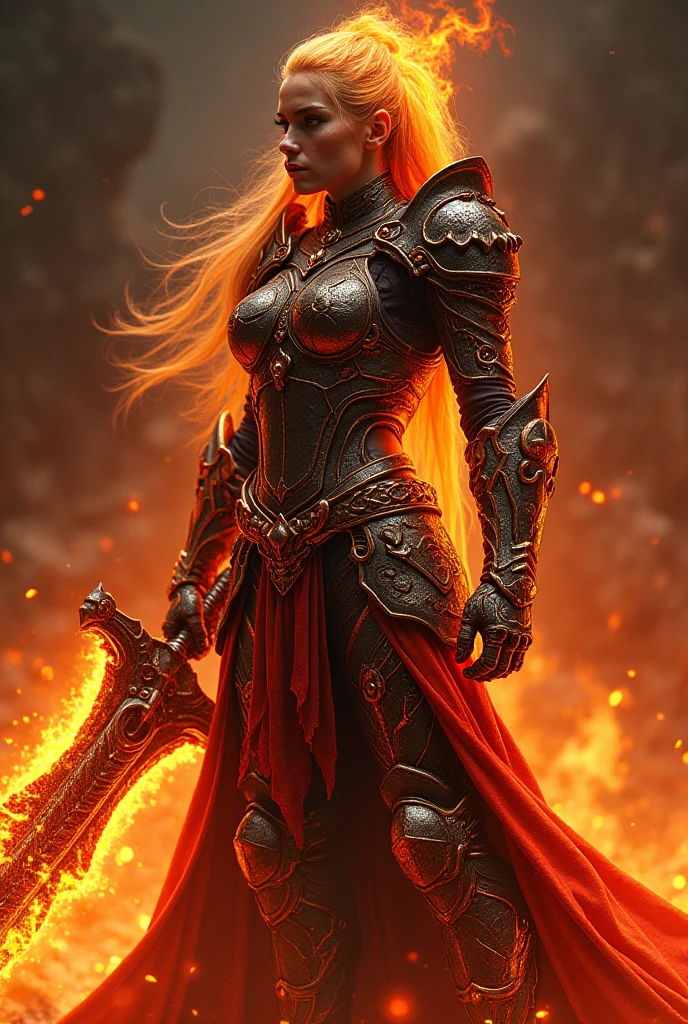 A fiery female warrior clad in molten blackened armor, her form ...