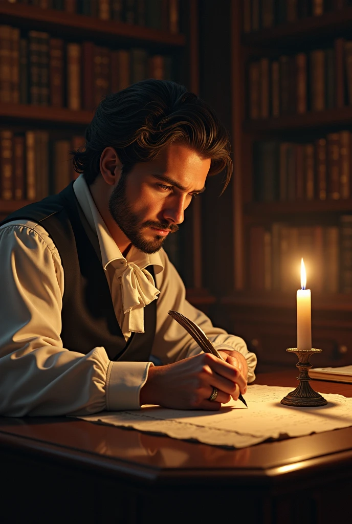 A handsome Victorian poet writes a letter on a piece of paper with a ...