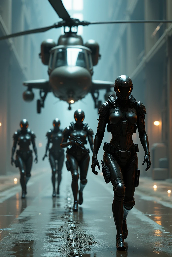 Female Team of futuristic cyborg SAS soldiers, flying helicopter ...