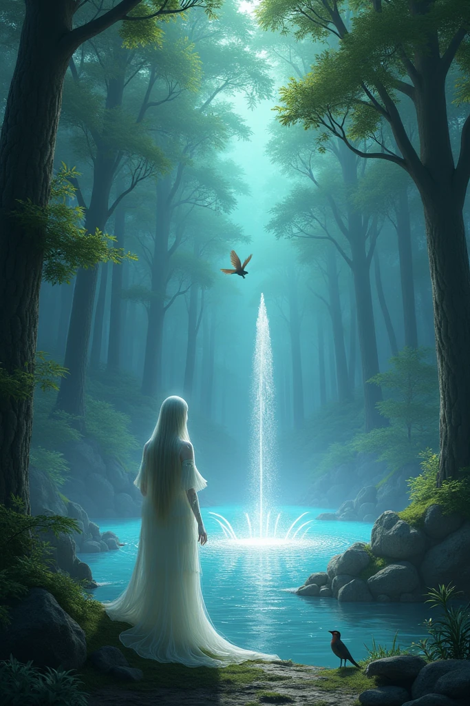 Svana standing by a shimmering fountain surrounded by tall trees ...