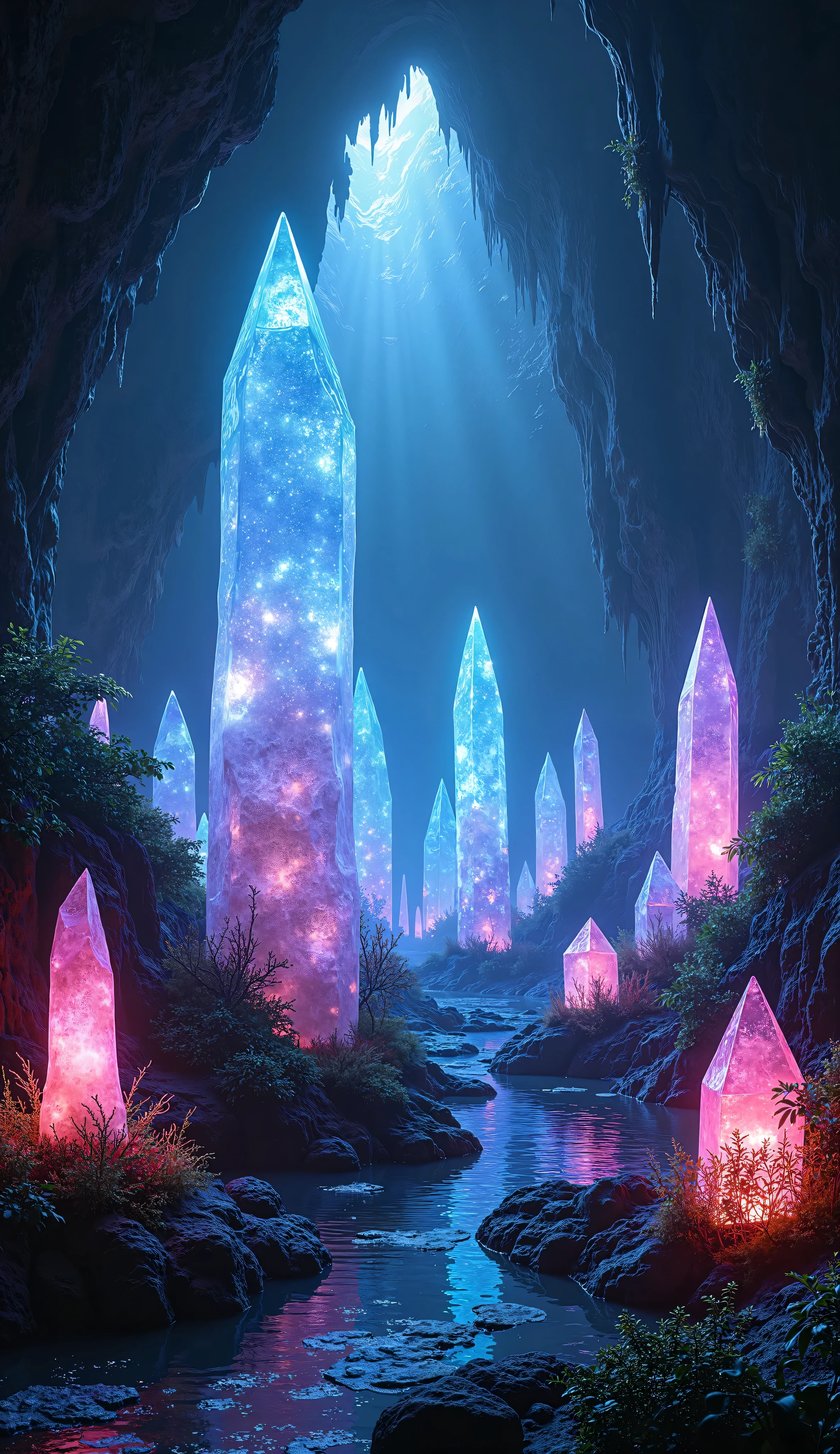 There is a cave with a stream running through it with a lot of crystals ...