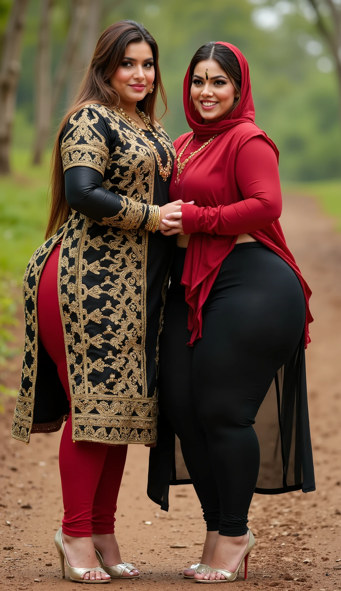 Two women in red and black outfits posing for a picture - SeaArt AI