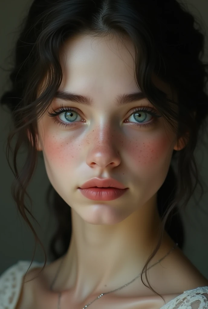 Blue eyes,pale skin,black hair,round face,dimples,freckles,italian girl ...