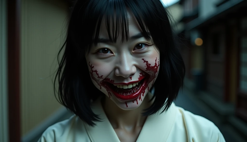 The Japanese woman , black haired, revealing a mouth cut from ear to ...