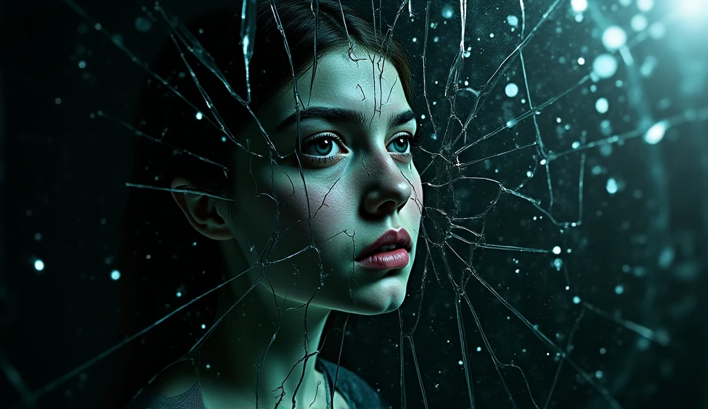 Broken mirror, shards of glass reflecting distorted image, Duality ...