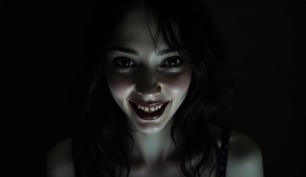 Face image of a female figure with black eyes and a twisted smile ...