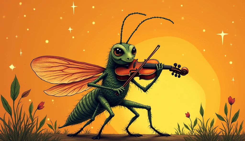 Cricket Playing Improvised Violin A cricket stylized in the form of a ...