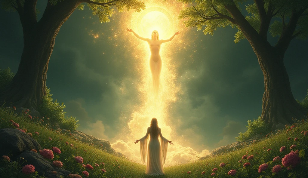 Create a hopeful scene of Persephone emerging from the Underworld and ...