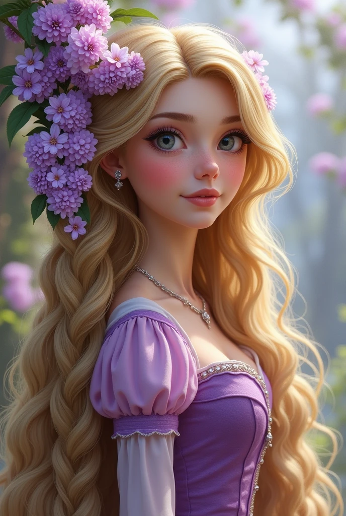 Rapunzel with braid and flowers on her back with bright lilay dress ...