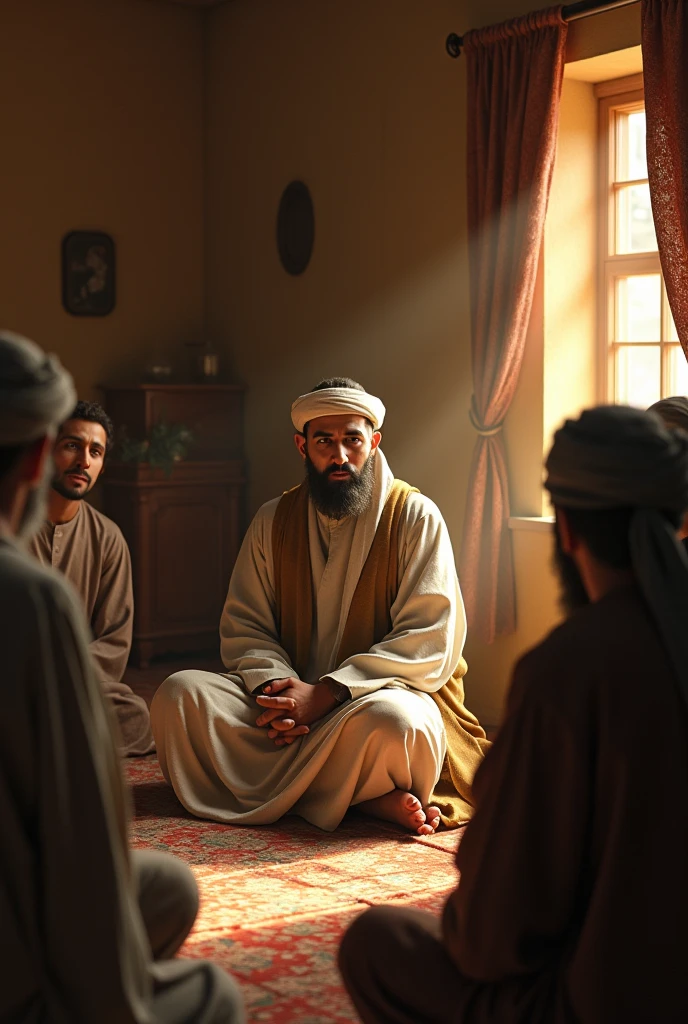 An image of the prophet Muhamad sits in a simple but warm room - SeaArt AI