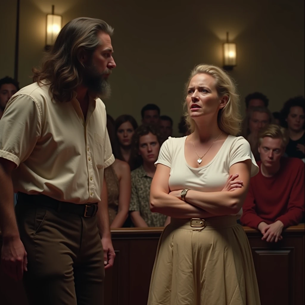 A realistic scene of an evangelical pastor with long hair and a beard ...