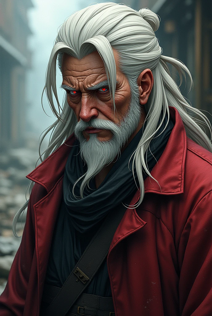 The western swordsman has red eyes, four white long hair, a dark red ...