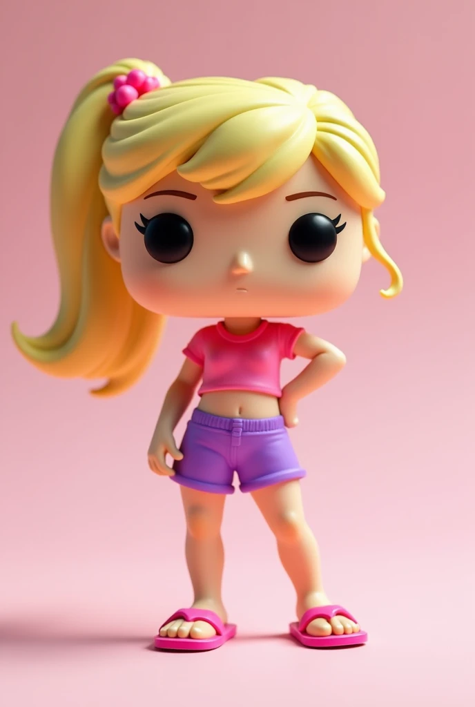 Create a funko pop with ponytail blonde hair on the side with a pink ...