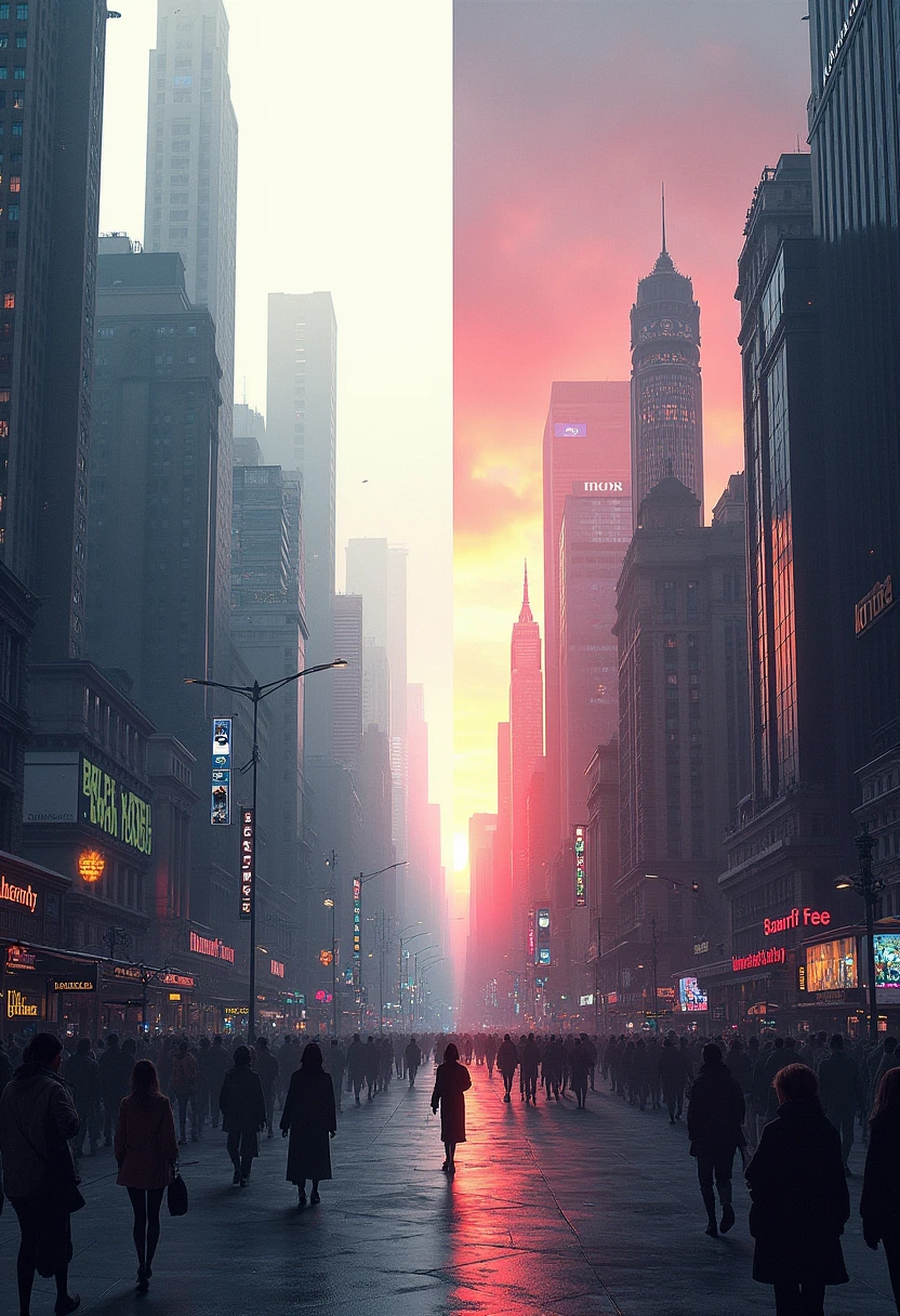 A split image of a modern cityscape, divided into two contrasting ...