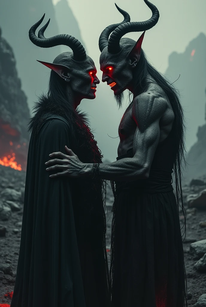 A sinister and cunning demon with dark, twisted horns curling upward and glowing - SeaArt AI