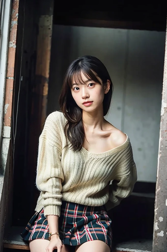 A Japanese college girl, sitting on a crumbling staircase in an ...