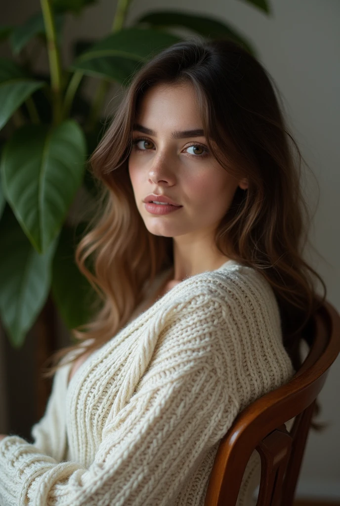 A close up of a woman sitting on a chair with a plant, julia gorokhova ...