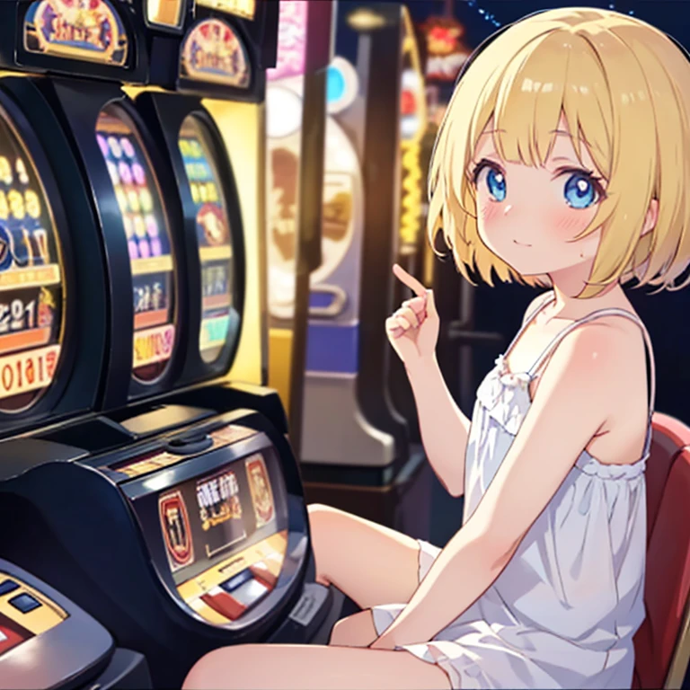 wearing a white camisole , anime girl playing a slot machine in a ...