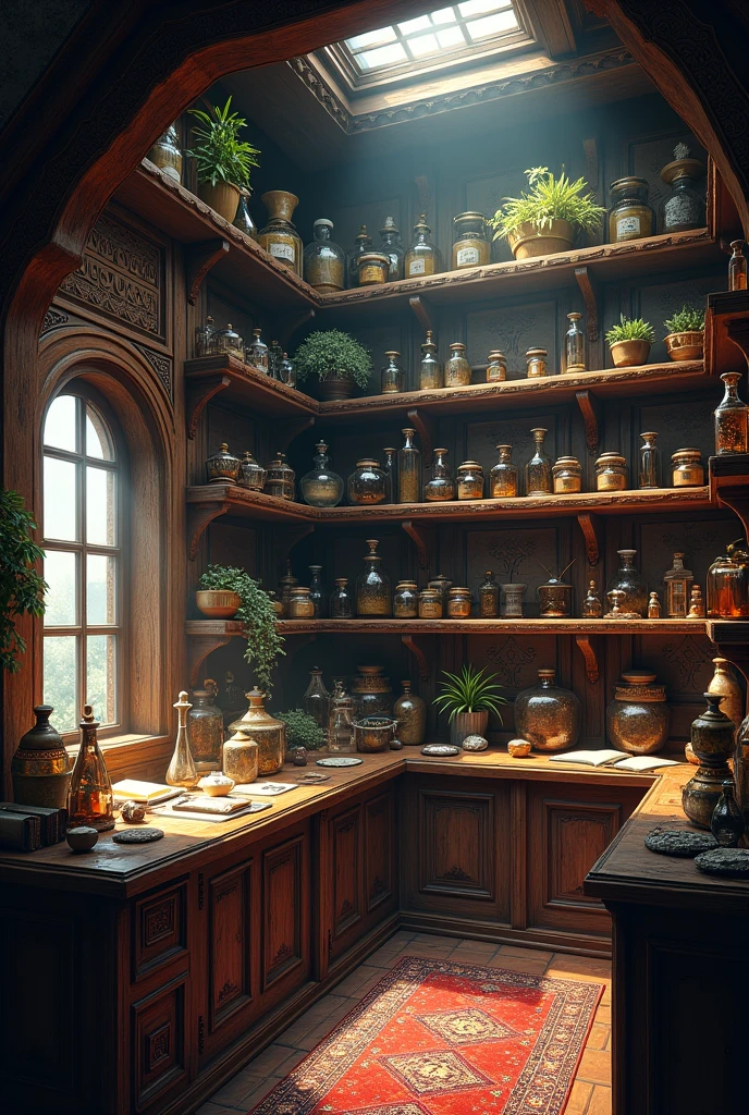 Interior of an alchemist shop with of shelves full of ingredients and ...