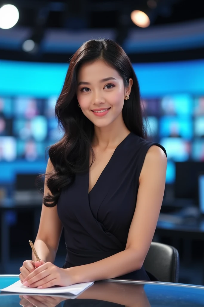 BEAUTIFUL ANCHOR ASIAN LADY, VERY ASIAN EYES, LIGHT DARK SKIN - SeaArt AI