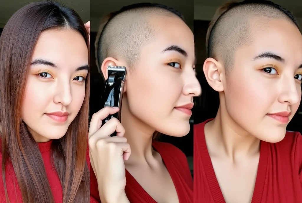 Beautiful woman using hair clippers to shave her head bald, - SeaArt AI