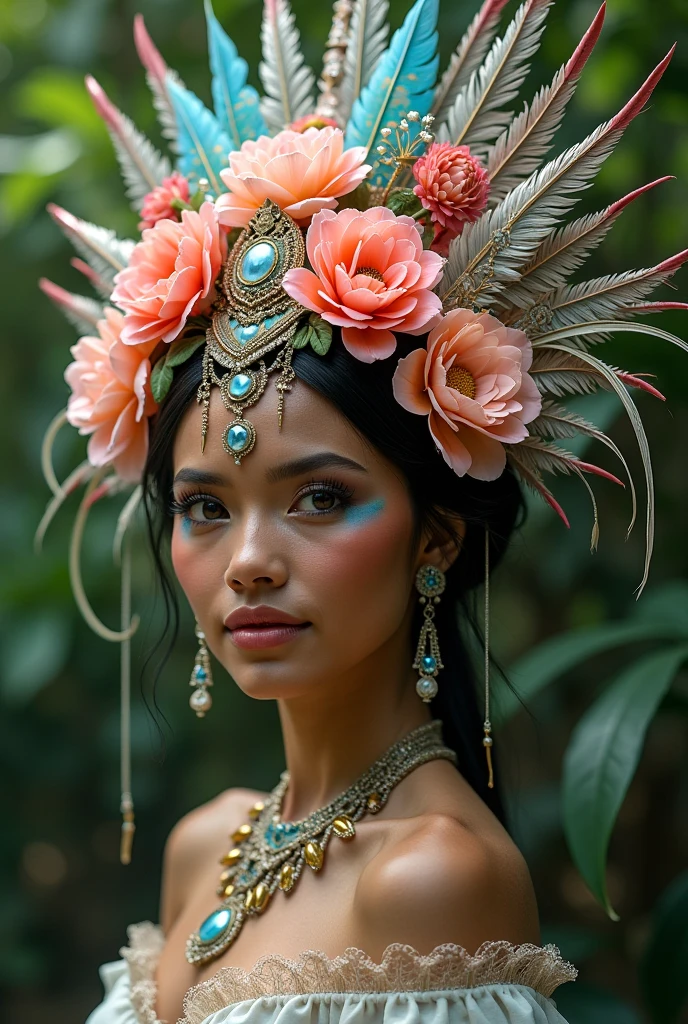 Create a headdress with flowers and feathers theme - SeaArt AI