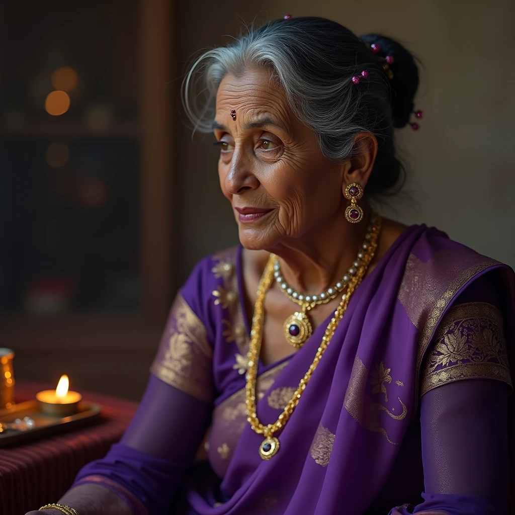 "An elderly Indian woman in her late 50s, gray-streaked black hair ...