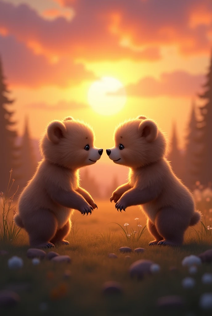 Two small cute cubs facing each other with a beautiful sunset in the ...