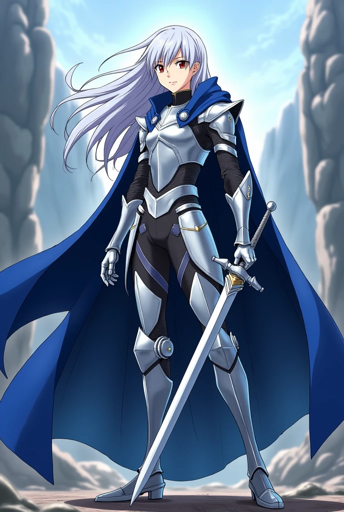 Kirito white hair,Silver knight armor with blue cloak, Red eyes - SeaArt AI