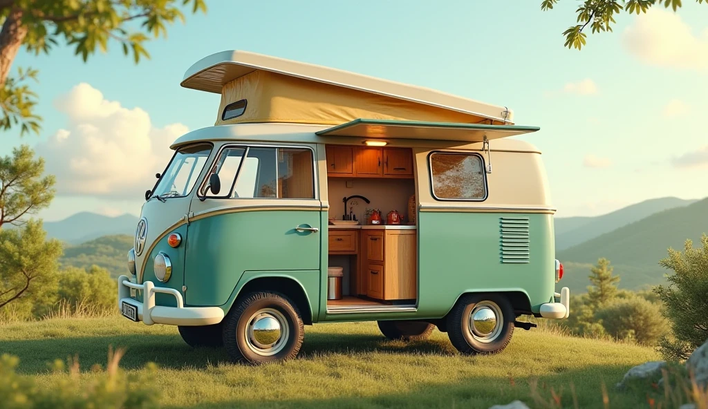 Here is the generated interior design of a compact, retro-style camper ...