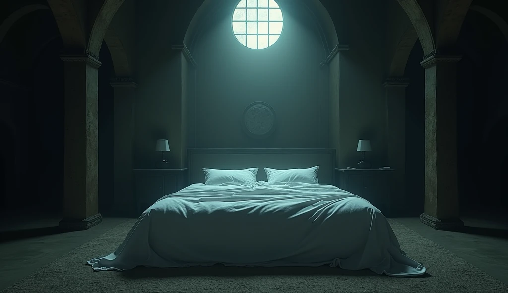 Frightening large room with a bed covered in white sheets, no light ...