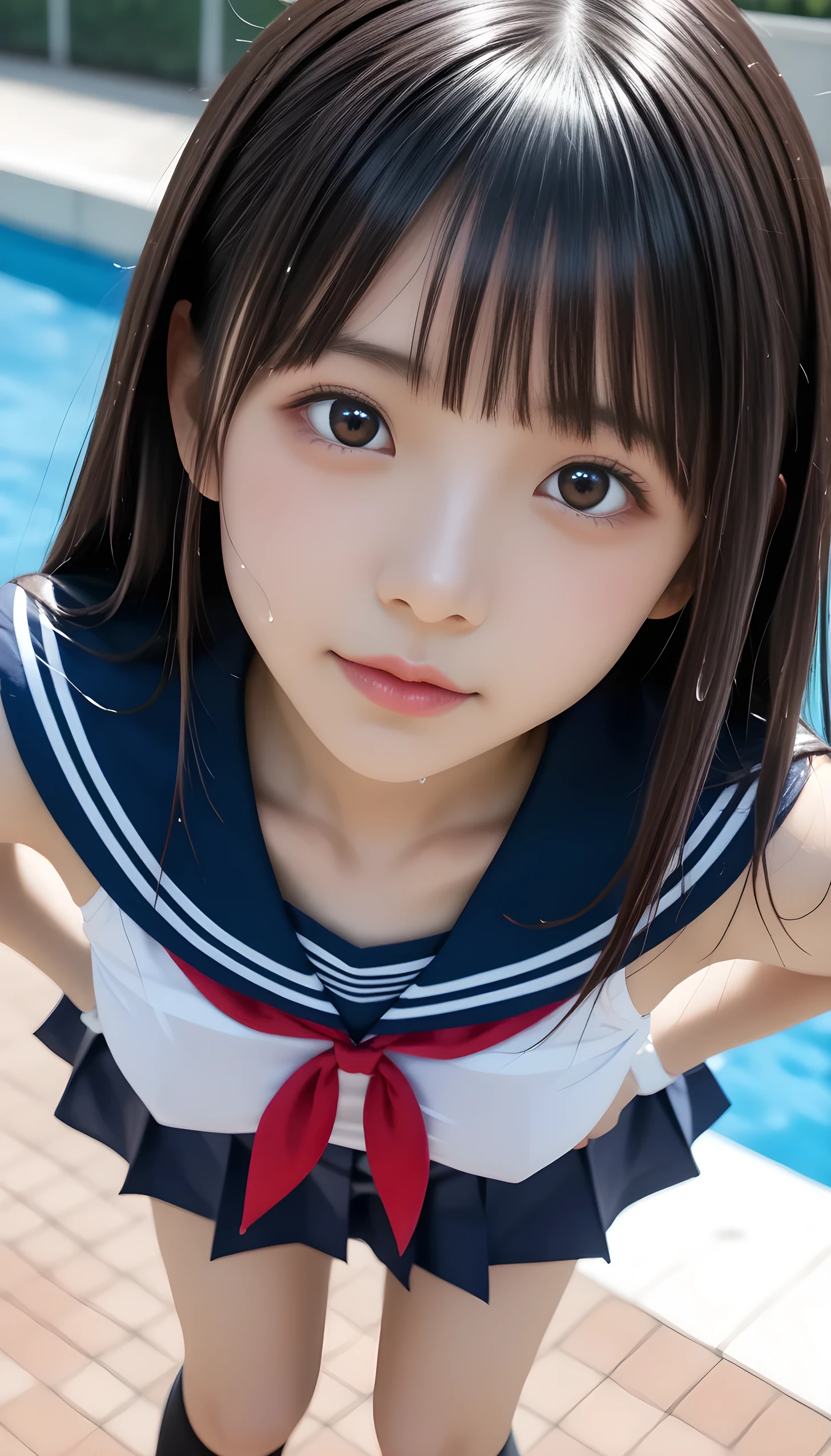 There is a young girl in a sailor outfit posing by a pool - SeaArt AI