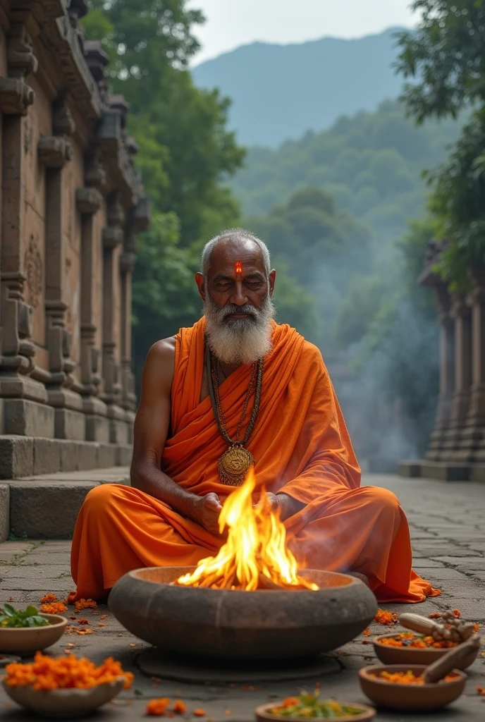 A serene and wise Hindu saint, wearing traditional orange robes and a ...