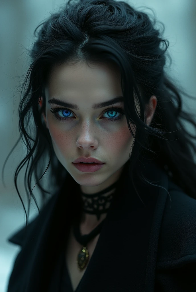 Woman with intimidating aura, black 3A hair, porcelain skin, eyes are ...