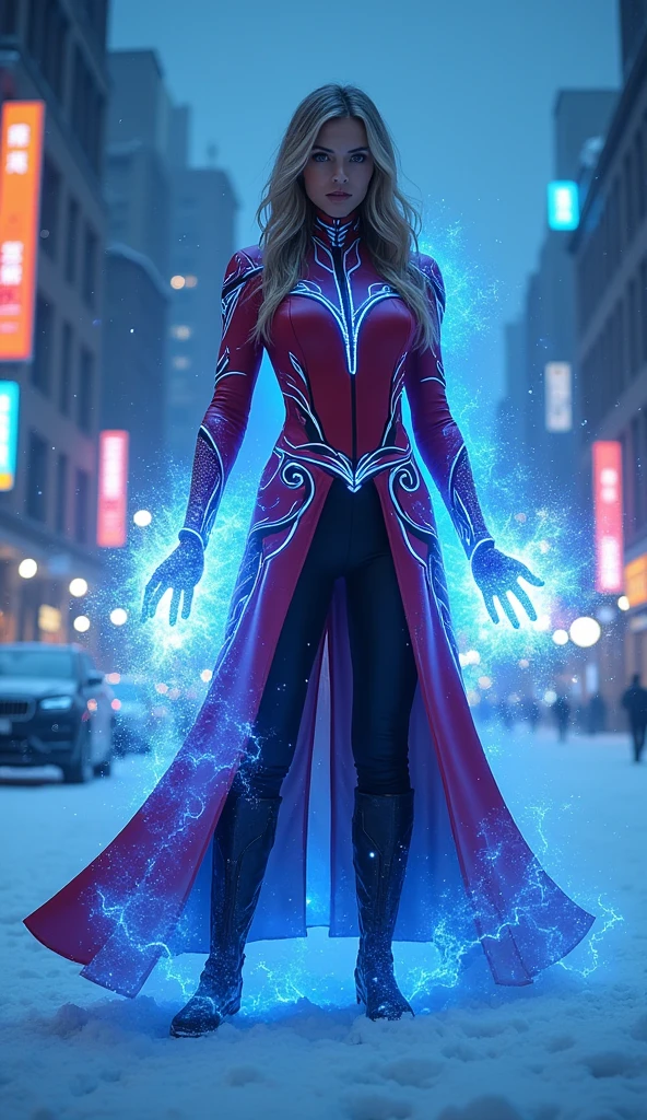 A mystical, futuristic version of Wanda Maximoff stands in a snow ...