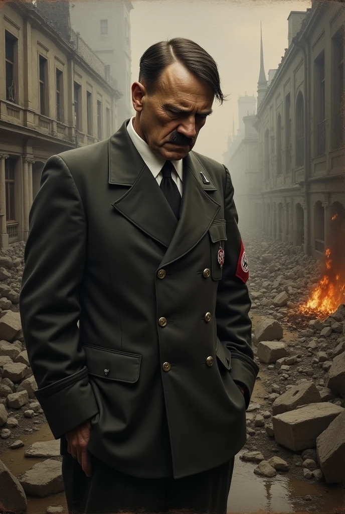Depict for me a melancholic face of Adolf Hitler amidst the defeat of ...
