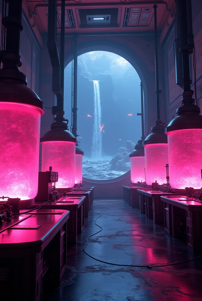 Prompt: A vast, dark scientific laboratory illuminated by vibrant neon ...