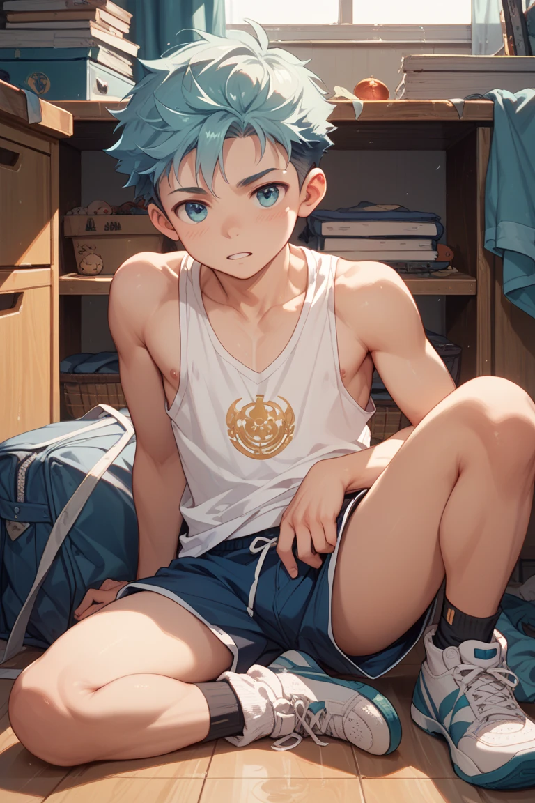 in his room wearing loose trunks and tank top and sitting with his crotch open - SeaArt AI