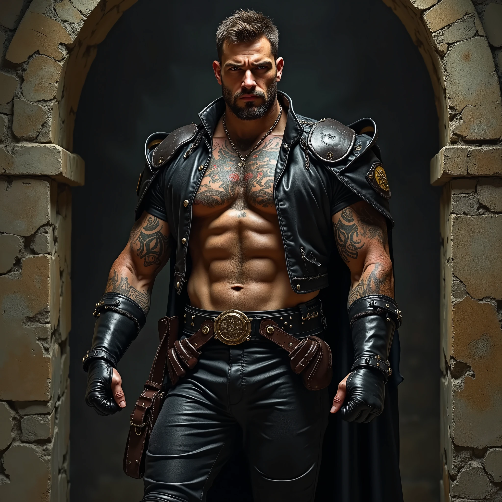 Arafed man in leather outfit standing in doorway with sword - SeaArt AI