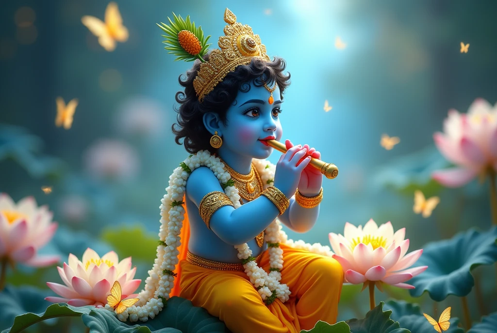 This image depicts a serene and artistic portrayal of Lord Krishna ...
