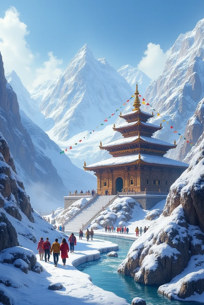 Visualize the temple surrounded by snow-covered peaks and flowing ...