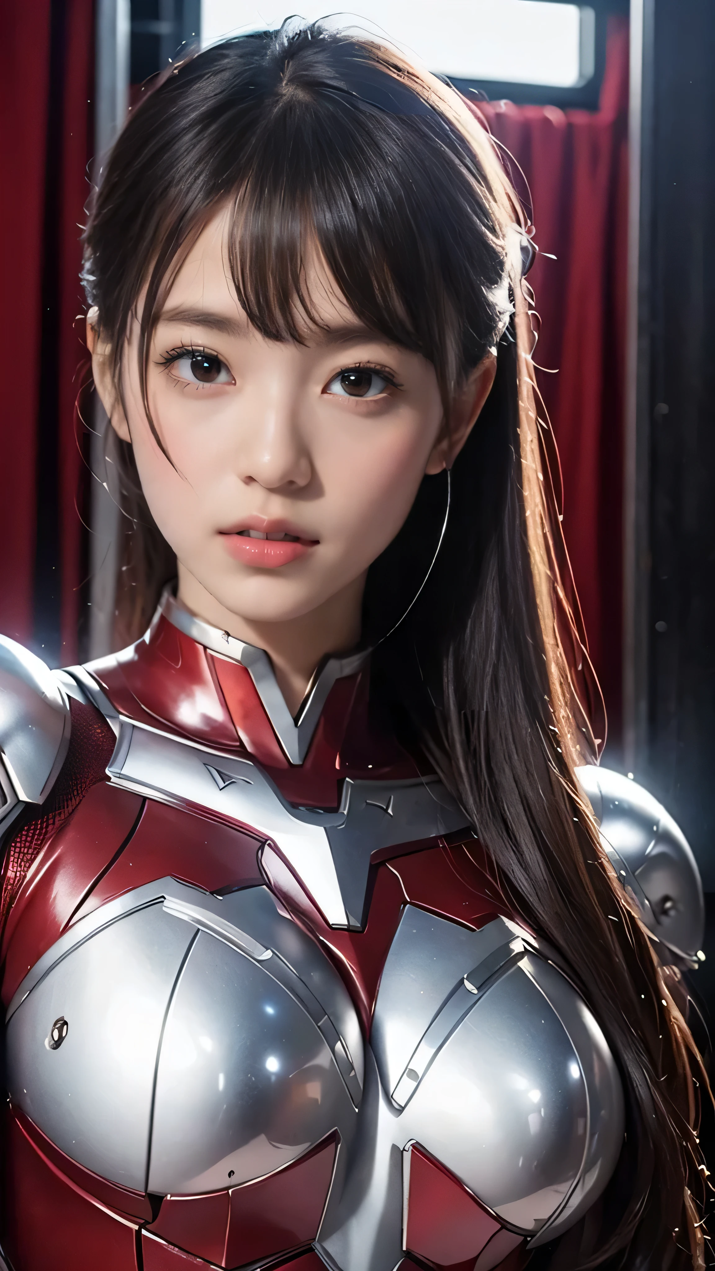 A close up of a woman in a silver and red suit - SeaArt AI