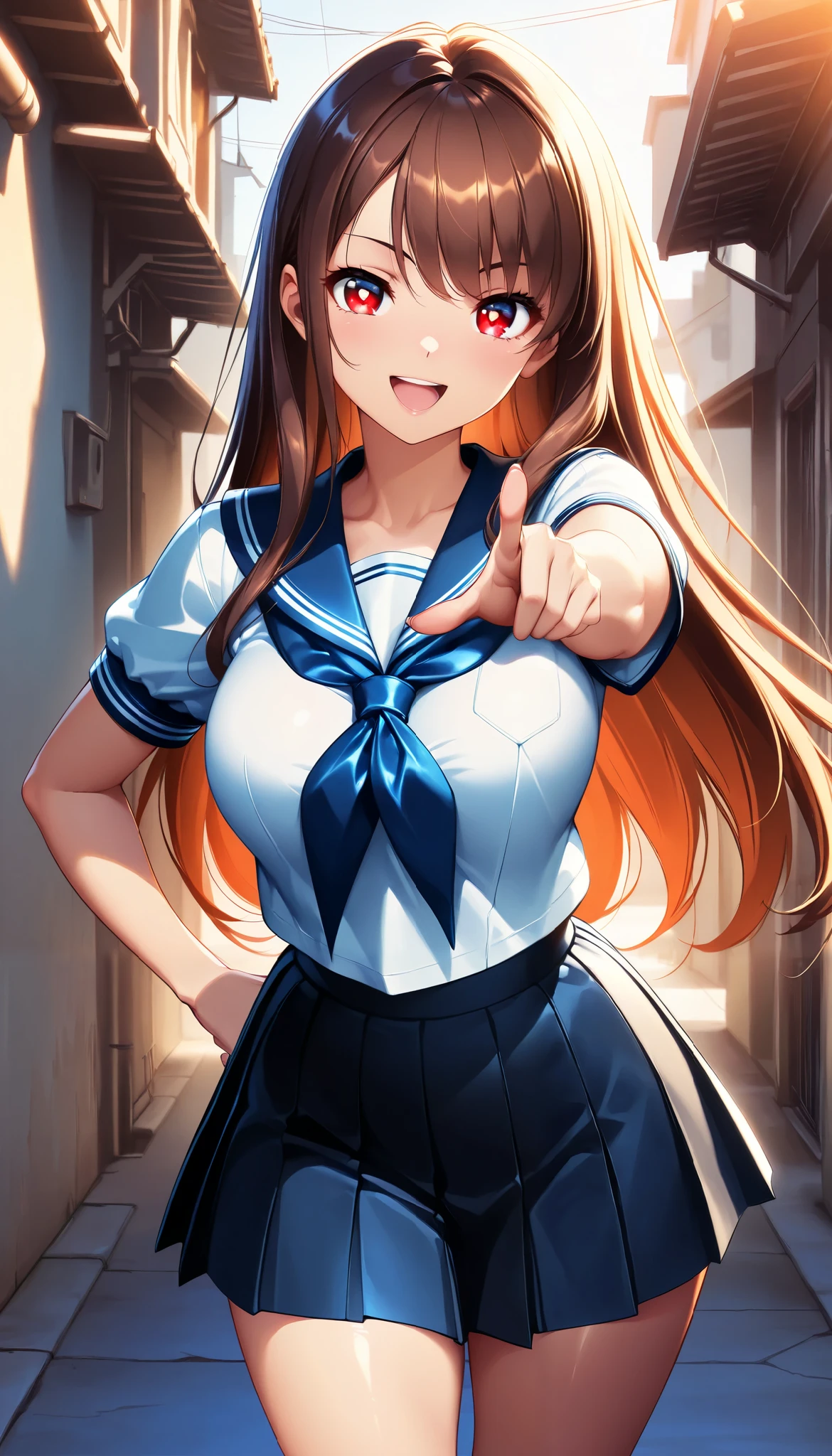 Anime girl in a short skirt and a sailor outfit pointing at the camera ...