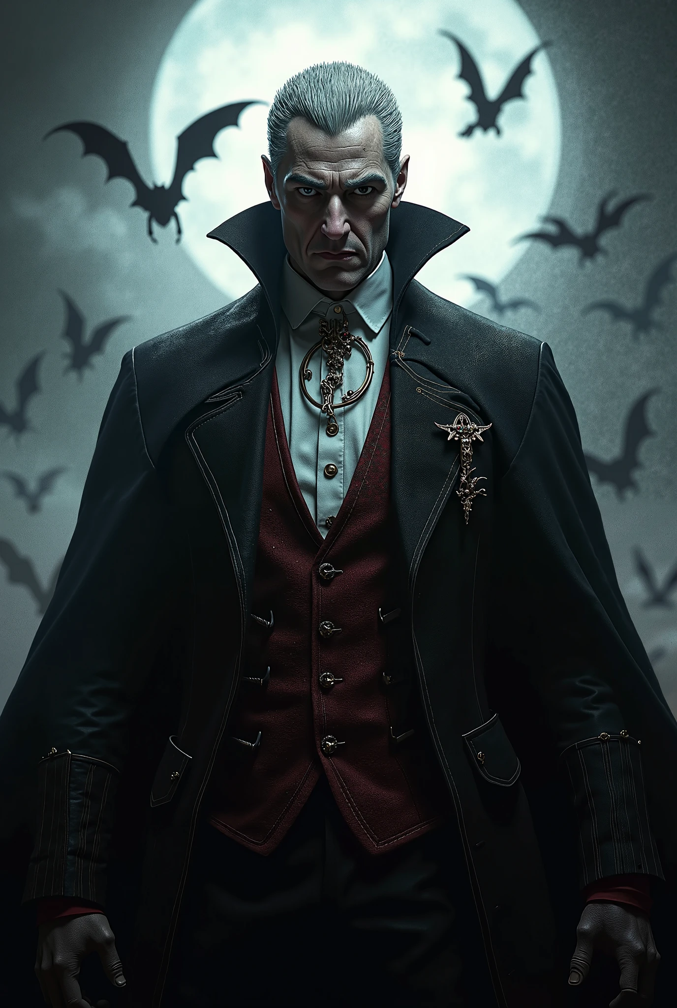 Vampire with a red vest and tie standing in front of a full moon ...