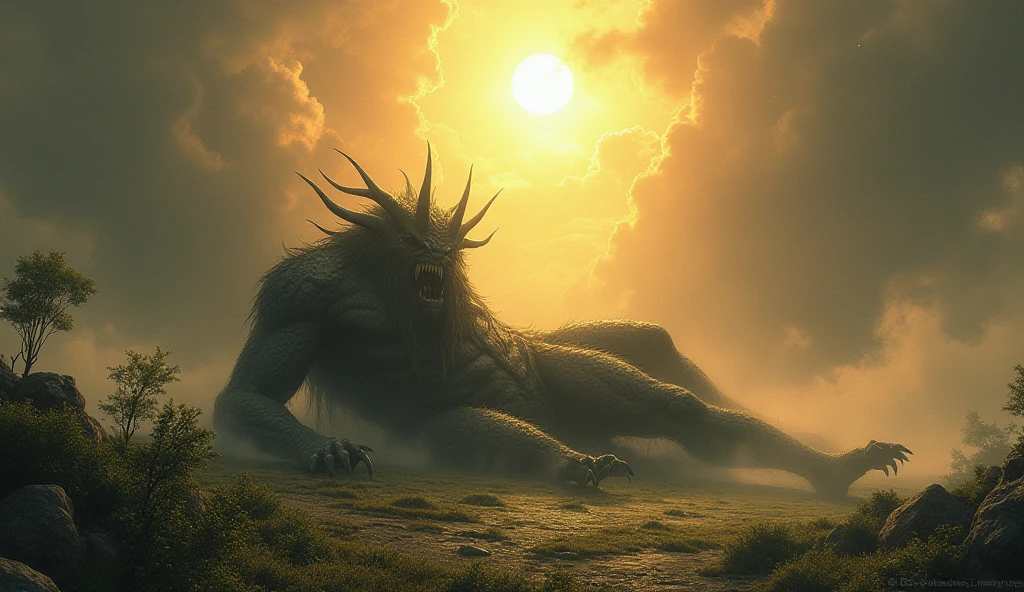 Tarakasur lying defeated on the ground, with peace slowly returning to ...