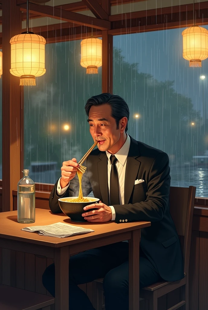 A man eating noodles in cozy rain weather in Tokyo - SeaArt AI