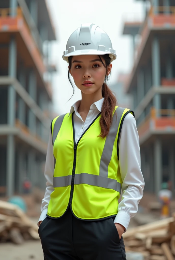 A female engineer wearing a white long-sleeve shirt with sleeves rolled ...
