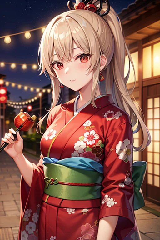 Oiran, vivid red kimono, lantern-lit street, elaborate obi, serene ...