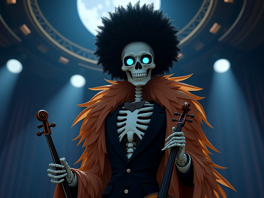 Brook from One Piece, a tall and lanky skeleton with an elegant yet ...