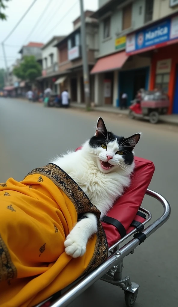 The white pregnant cat with black hair, wearing a yellow sari and a ...
